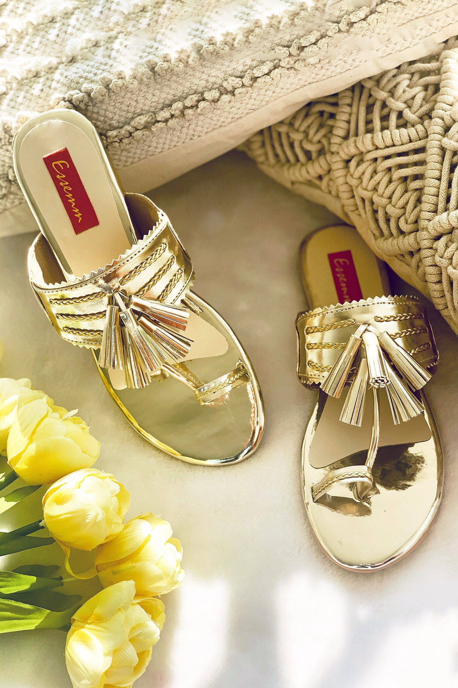 Buy Gold Tassy Kolhapuri Flats by Essem Online at Aza Fashions.