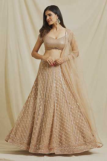 Buy Beige Net Embellished Crystal Sweetheart Floral Jaali Lehenga Set ...