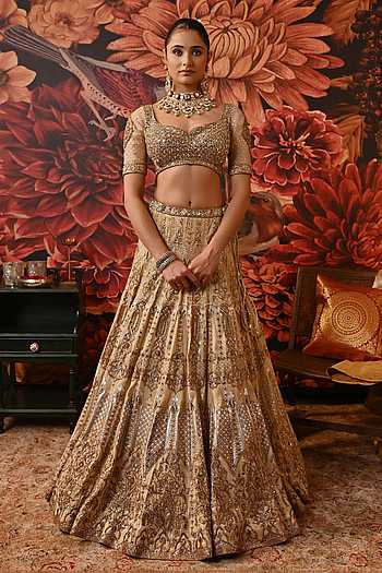 Buy Gold Lehenga Zari Brocade Amiya Dabka Embroidered Bridal Set For ...