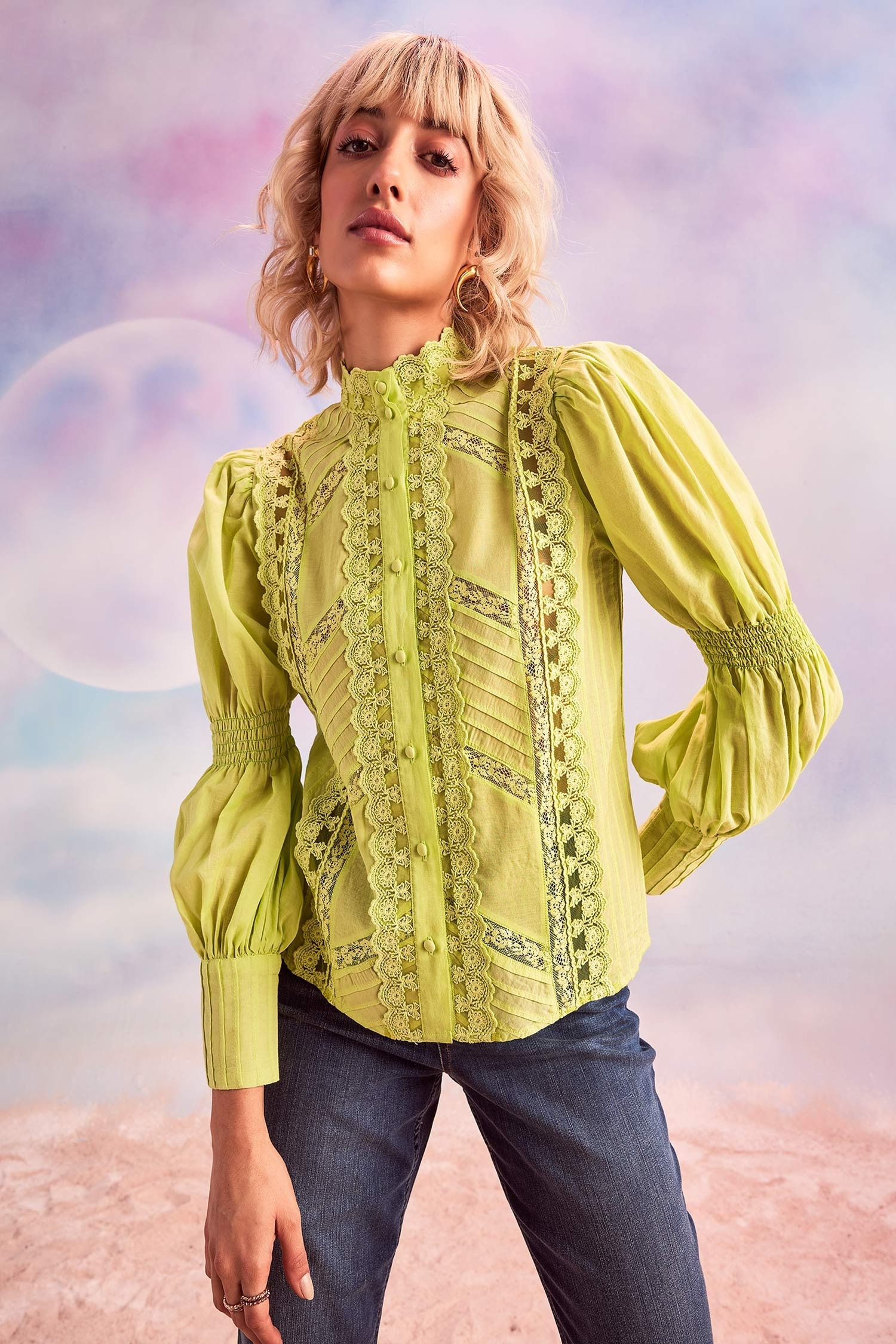 Buy Yellow Shell 80% Cotton 20% Silk Embroidery Scallop Sabrina Top For ...