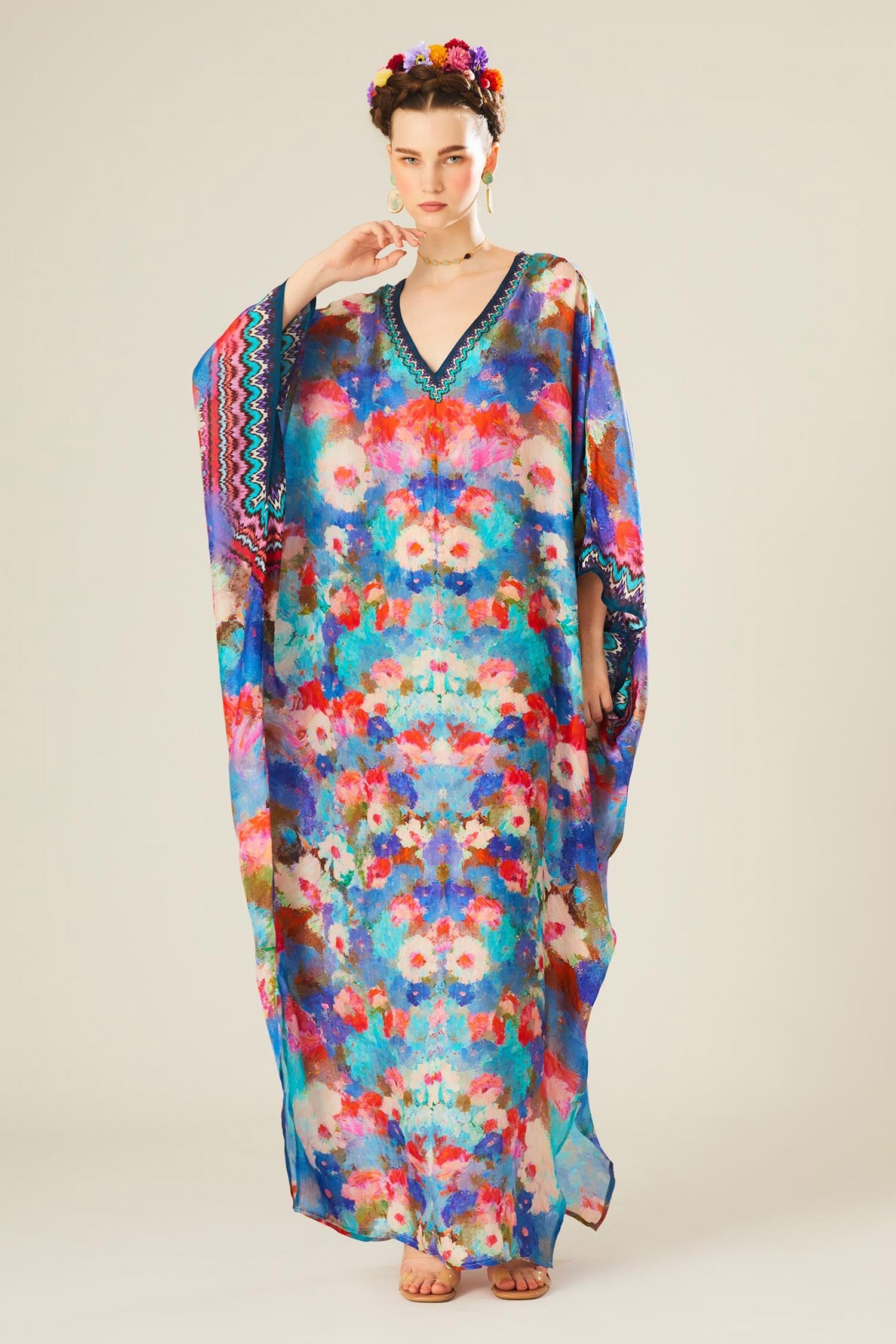 Buy Rajdeep Ranawat Blue Verusha Silk Floral Print Kaftan Online | Aza ...