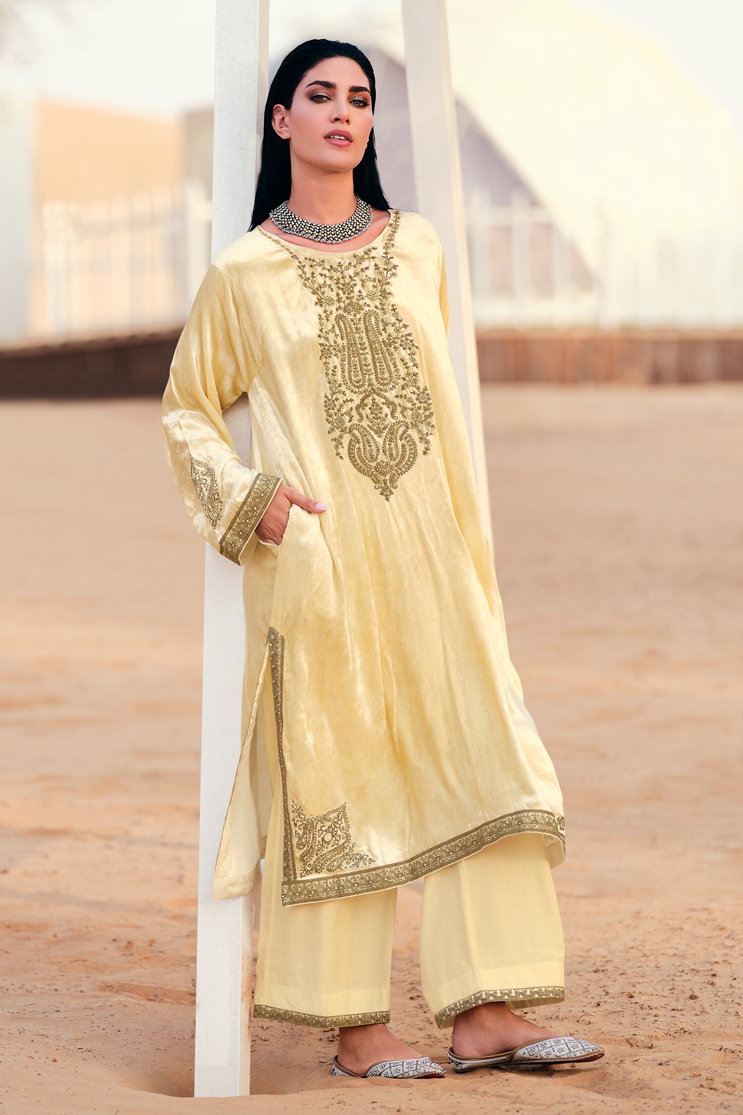 Buy Label Varsha Ivory Embroidered Pheran And Pant Set Online | Aza ...