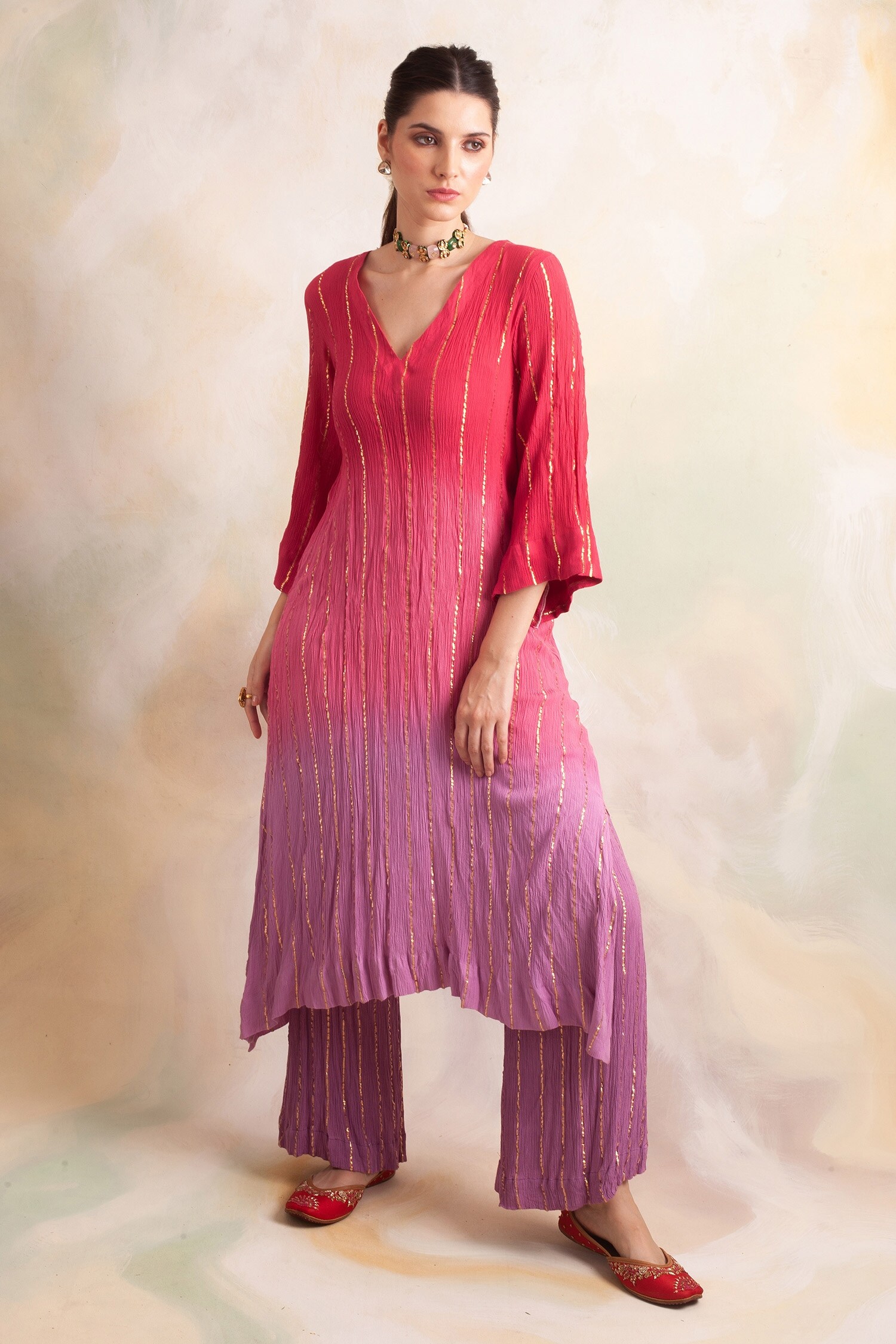 Buy Pink Rayon Crepe Striped V Neck Ombre Kurta And Pant Set For Women ...