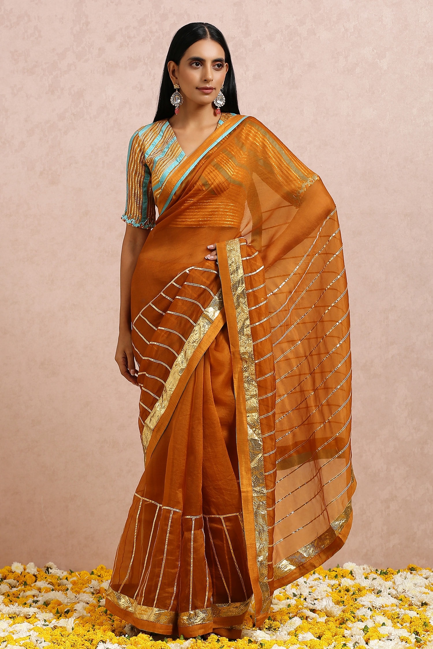 Buy Orange Organza Hand Embroidered Gota V Neck Striped Saree With ...