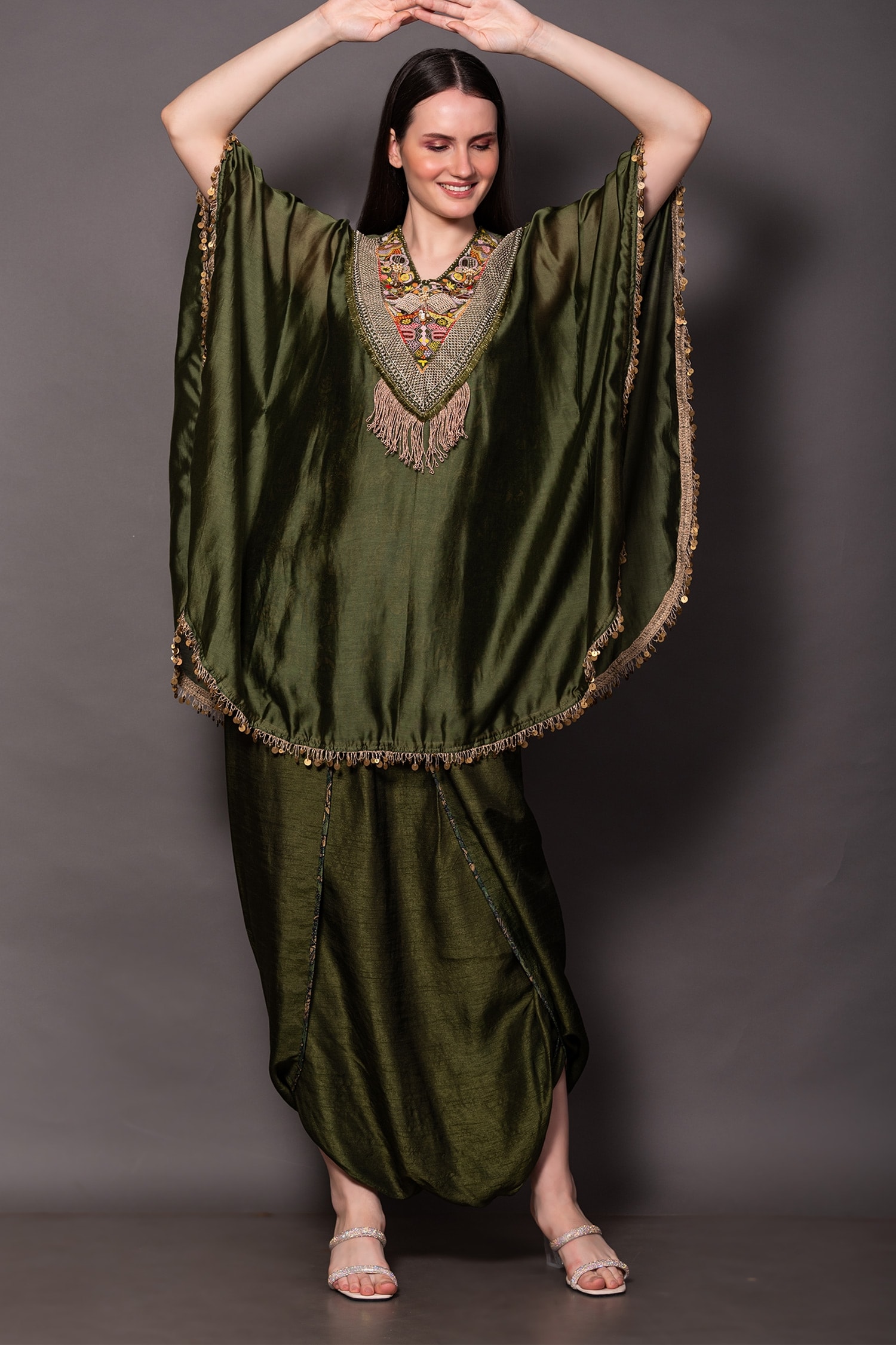 Buy Green Silk Chanderi Hand Embroidered Yoke Flower Kaftan Tunic With ...