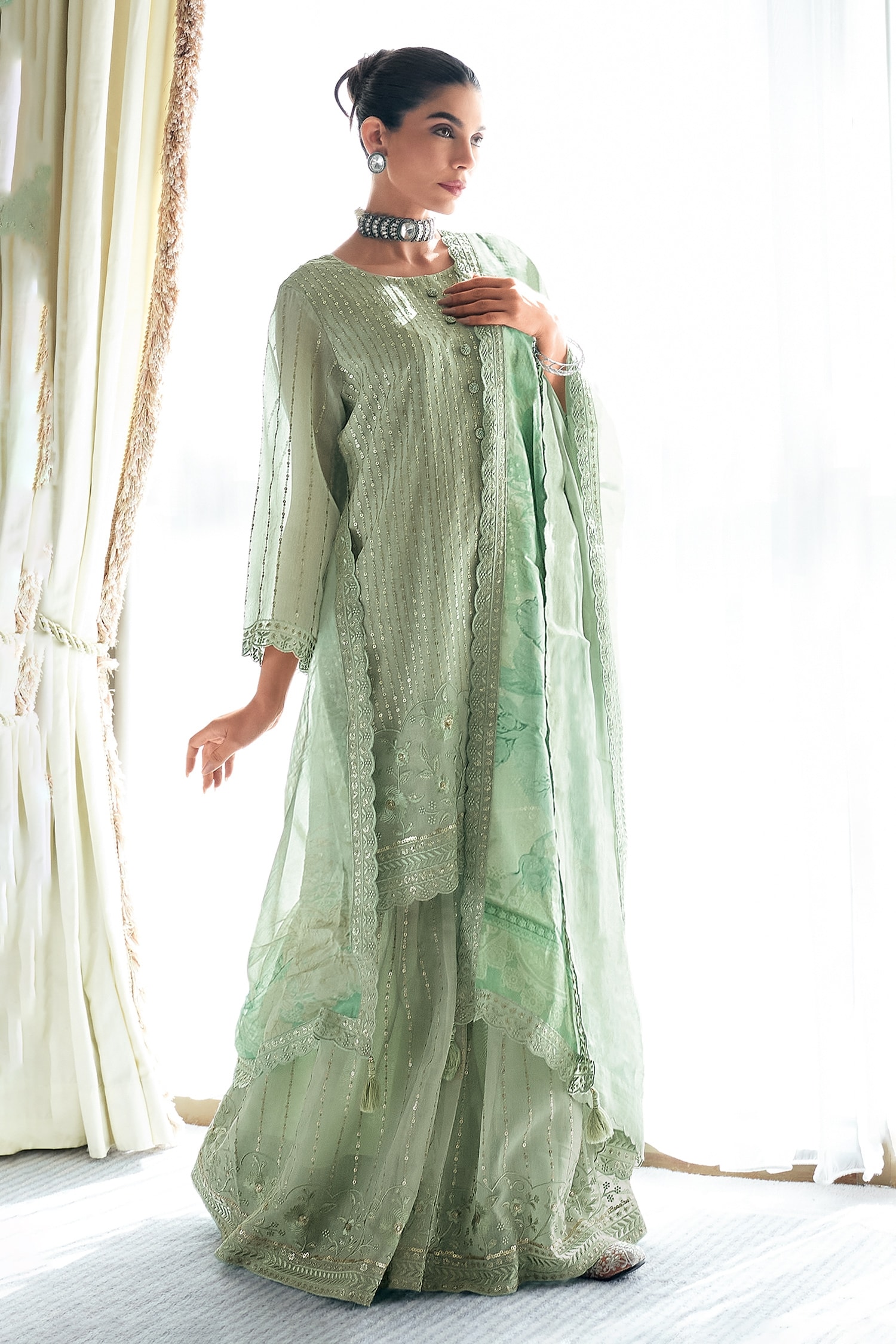 Buy Green Kurta And Sharara Tissue Embroidered Stripe Round Straight ...