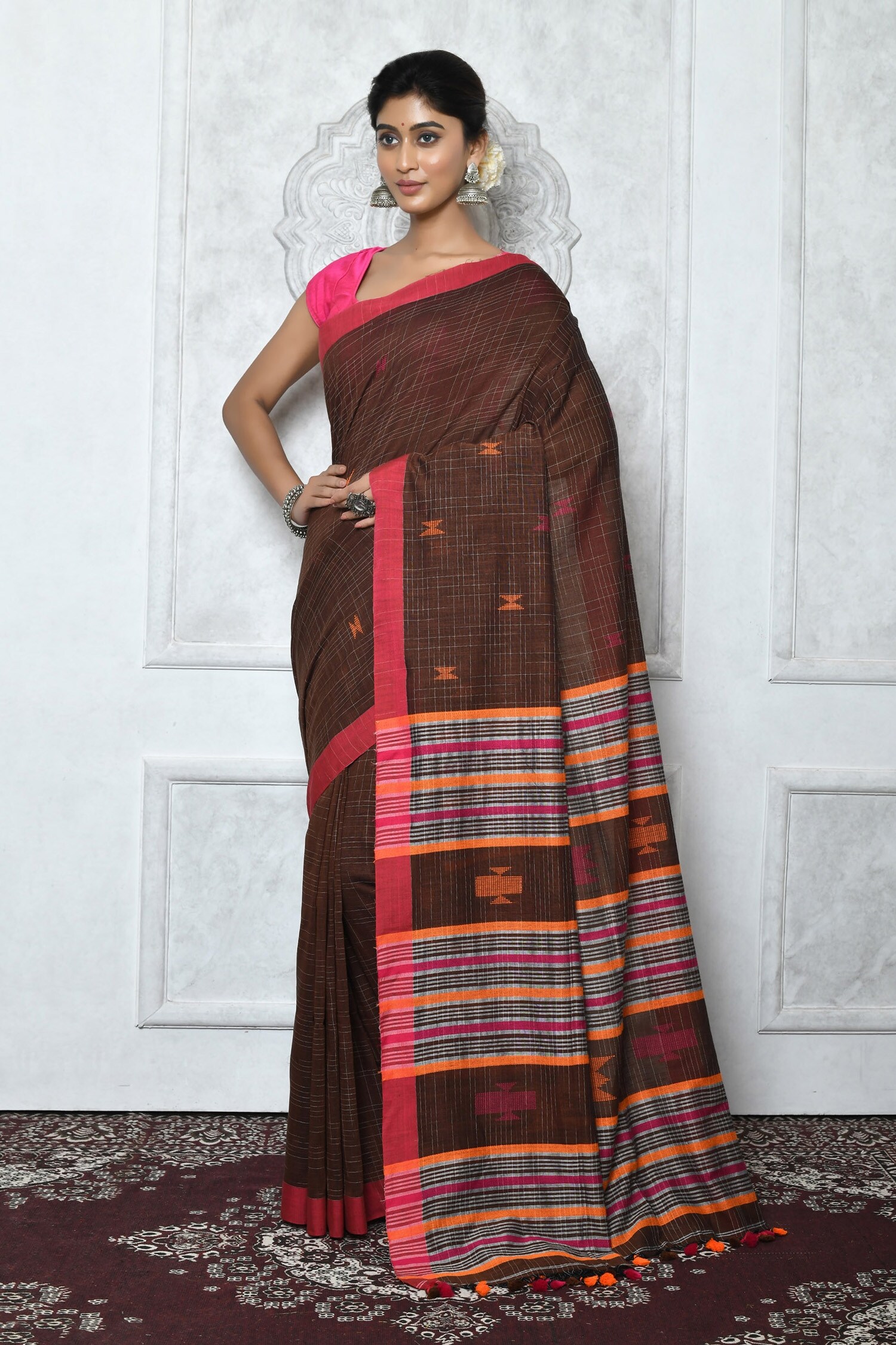 Buy Brown Geometric And Striped Pattern Saree For Women by Samyukta ...