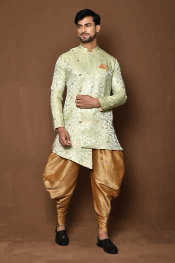 Buy Naintara Bajaj Green Raw Silk Asymmetric Sherwani With Patiala ...