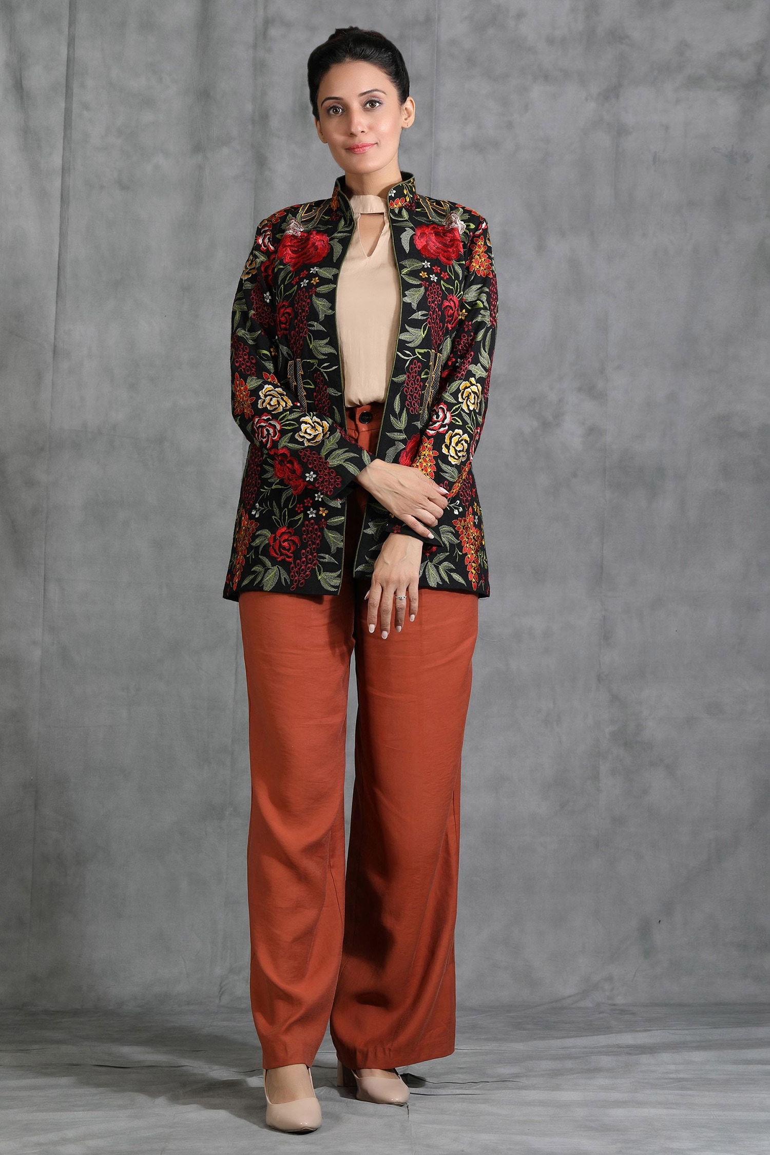 Buy Dusala Shawls Black Pashmina Rose Pattern Jacket Online | Aza Fashions