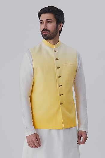 Buy Gaurav Katta Yellow Cotton Nehru Jacket Online | Aza Fashions