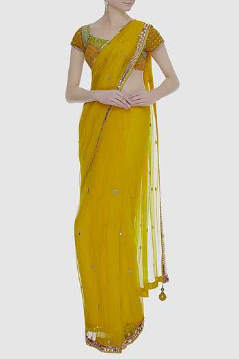 Buy Arpan Vohra Yellow Sequins Border Saree With Blouse Online | Aza ...