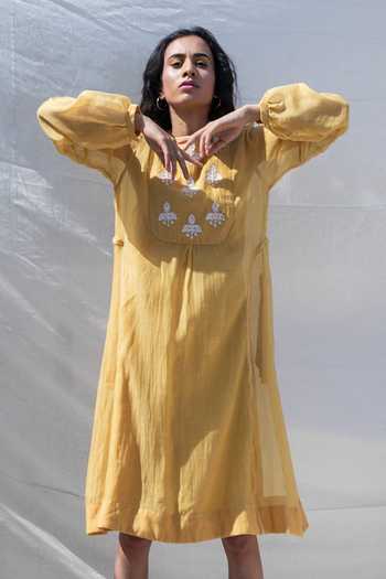 Buy Yellow 50% Silk Hand Embroidered Dress With Inner For Women by ...