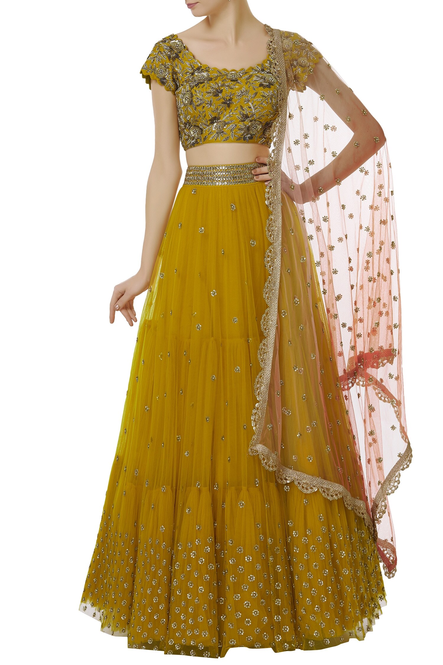 Buy Mrunalini Rao Yellow Tulle Embroidered Lehenga Set Online | Aza ...