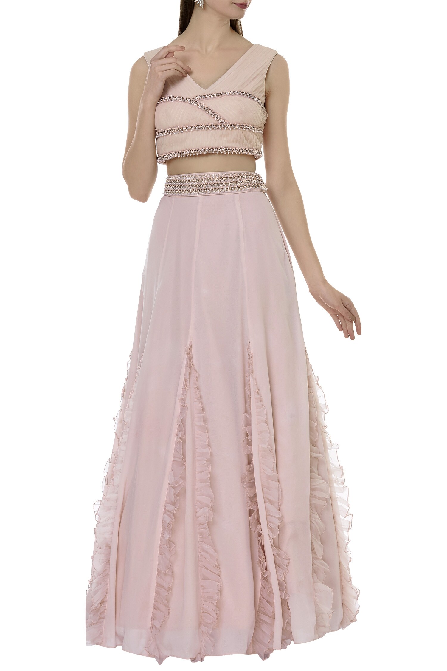 Buy Disha Patil Pink Net Frill Detail Lehenga Set Online | Aza Fashions