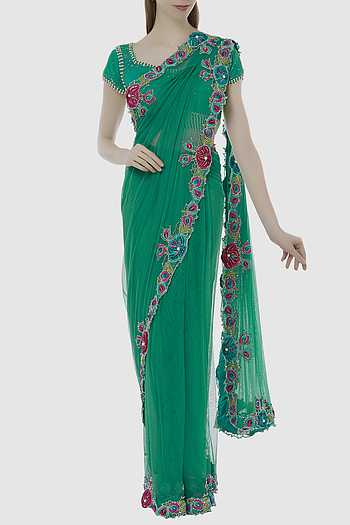 Buy ARPAN VOHRA Green Embroidered Border Saree With Blouse Online | Aza ...