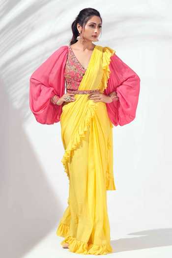 Buy Suruchi Parakh Pink Tussar Silk Pre-draped Saree Set Online | Aza ...