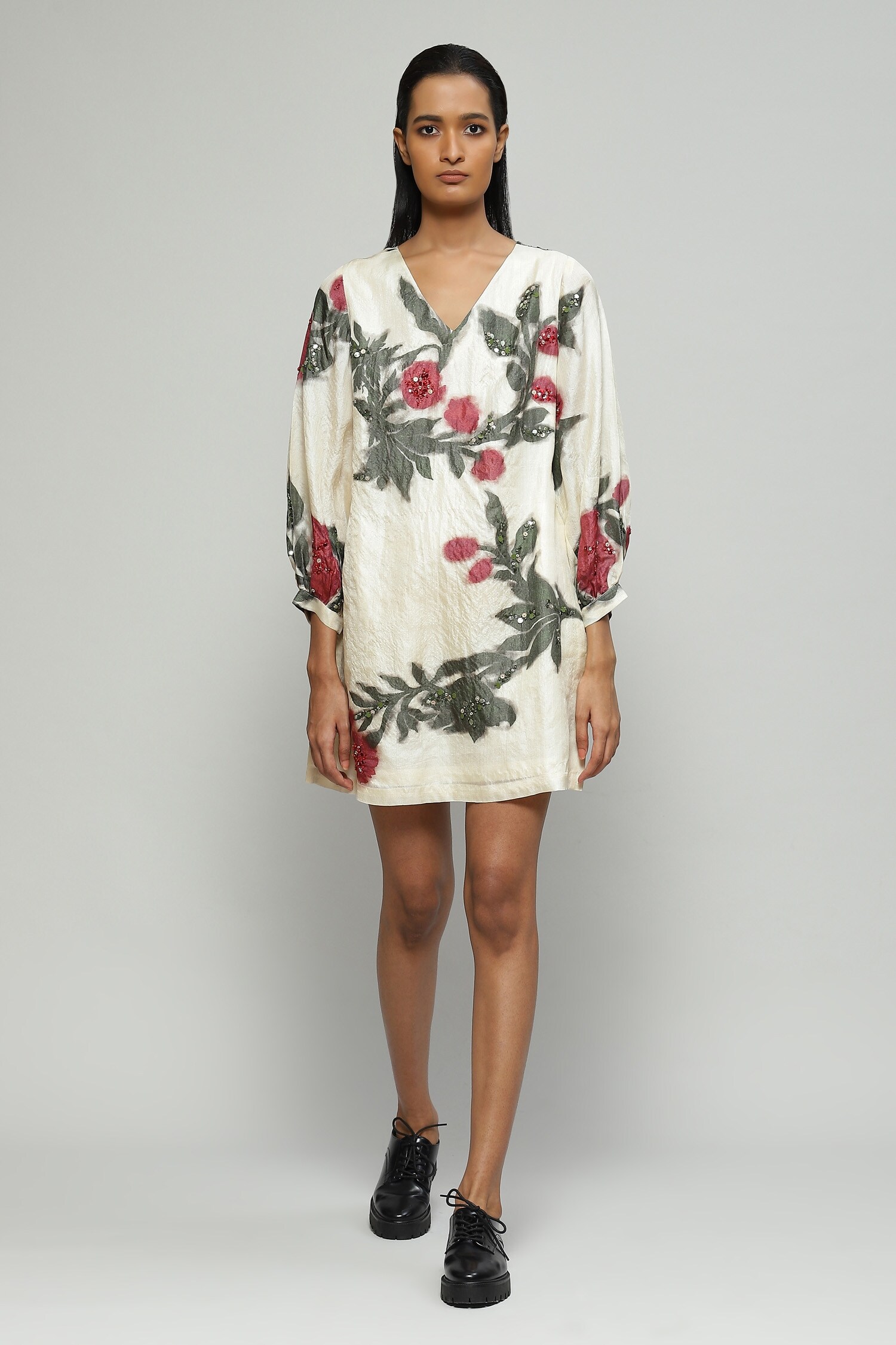 Buy Beige 100% Tussar Silk Printed And Embellished Floral Sequin Work ...