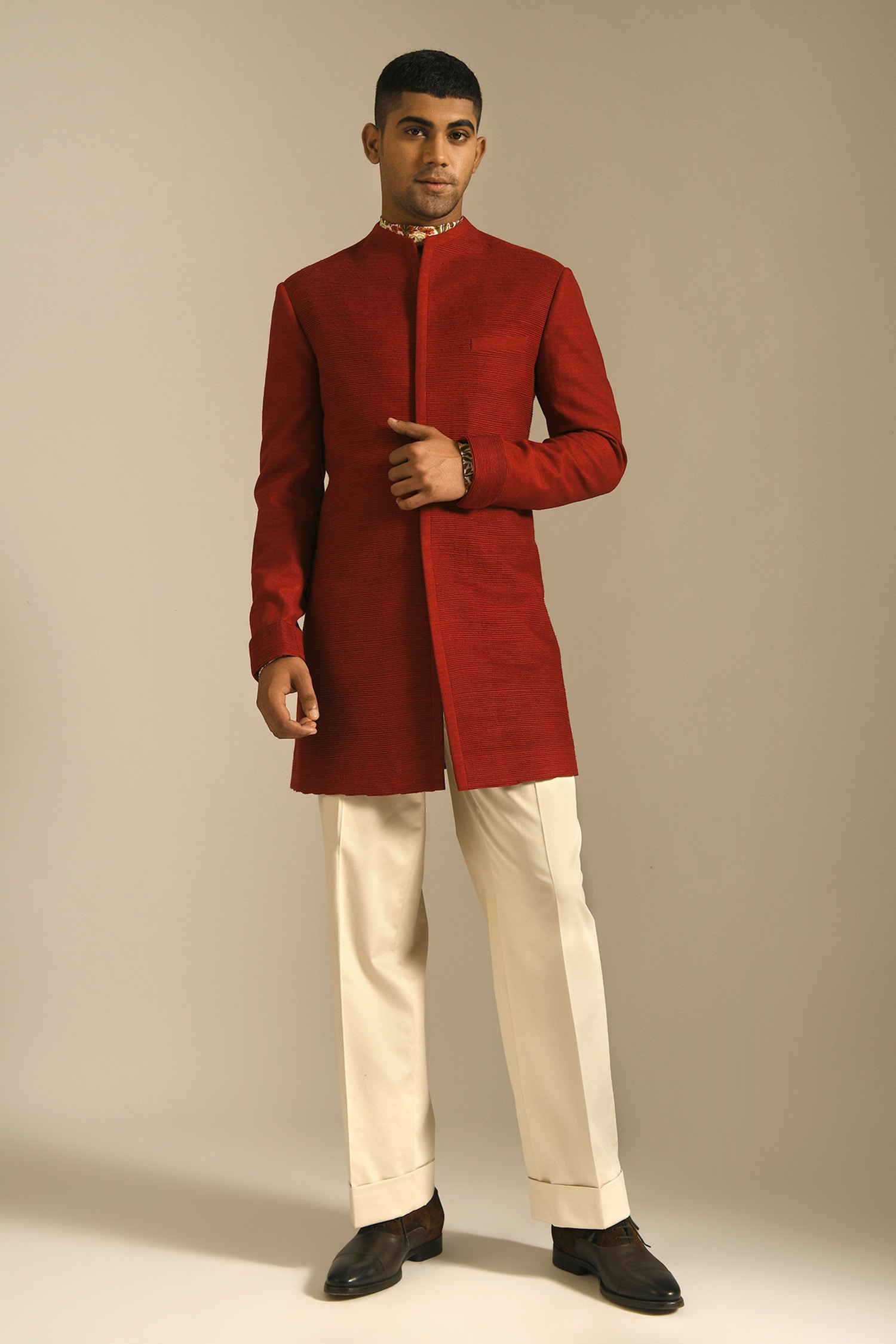 Buy Dhruv Vaish Red Silk Short Sherwani Online | Aza Fashions