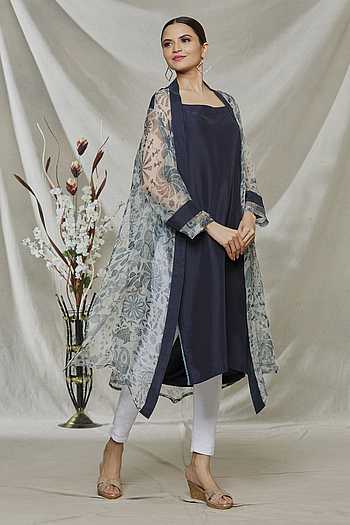 Buy Divyam Mehta Blue Floral Print Jacket With Kurta Online | Aza Fashions