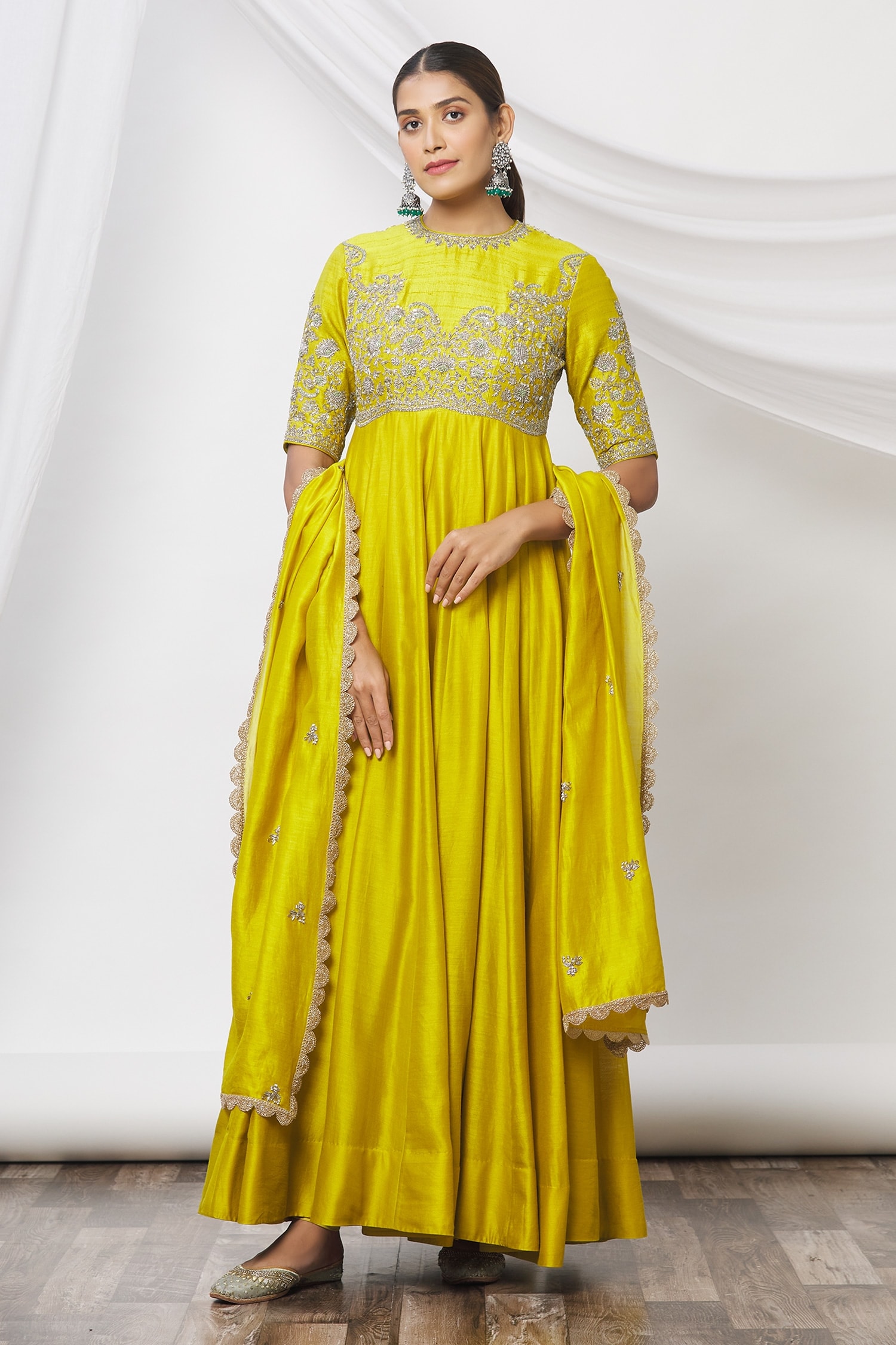 Buy JAYANTI REDDY Yellow Embroidered Anarkali Set Online | Aza Fashions