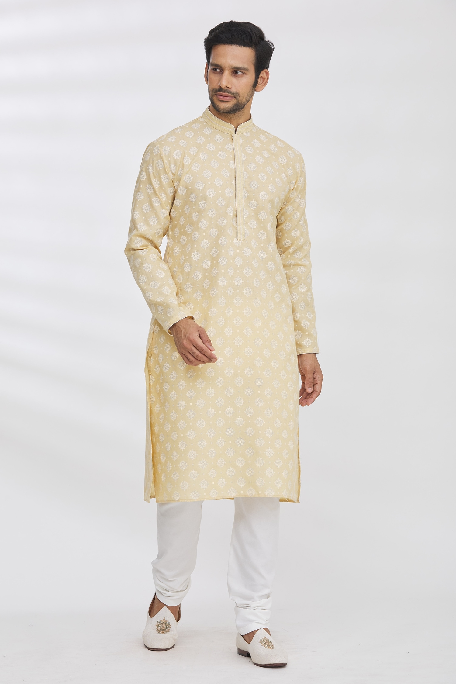 Buy Beige Handloom Cottom Printed Floral Kurta Set For Men by Aryavir ...