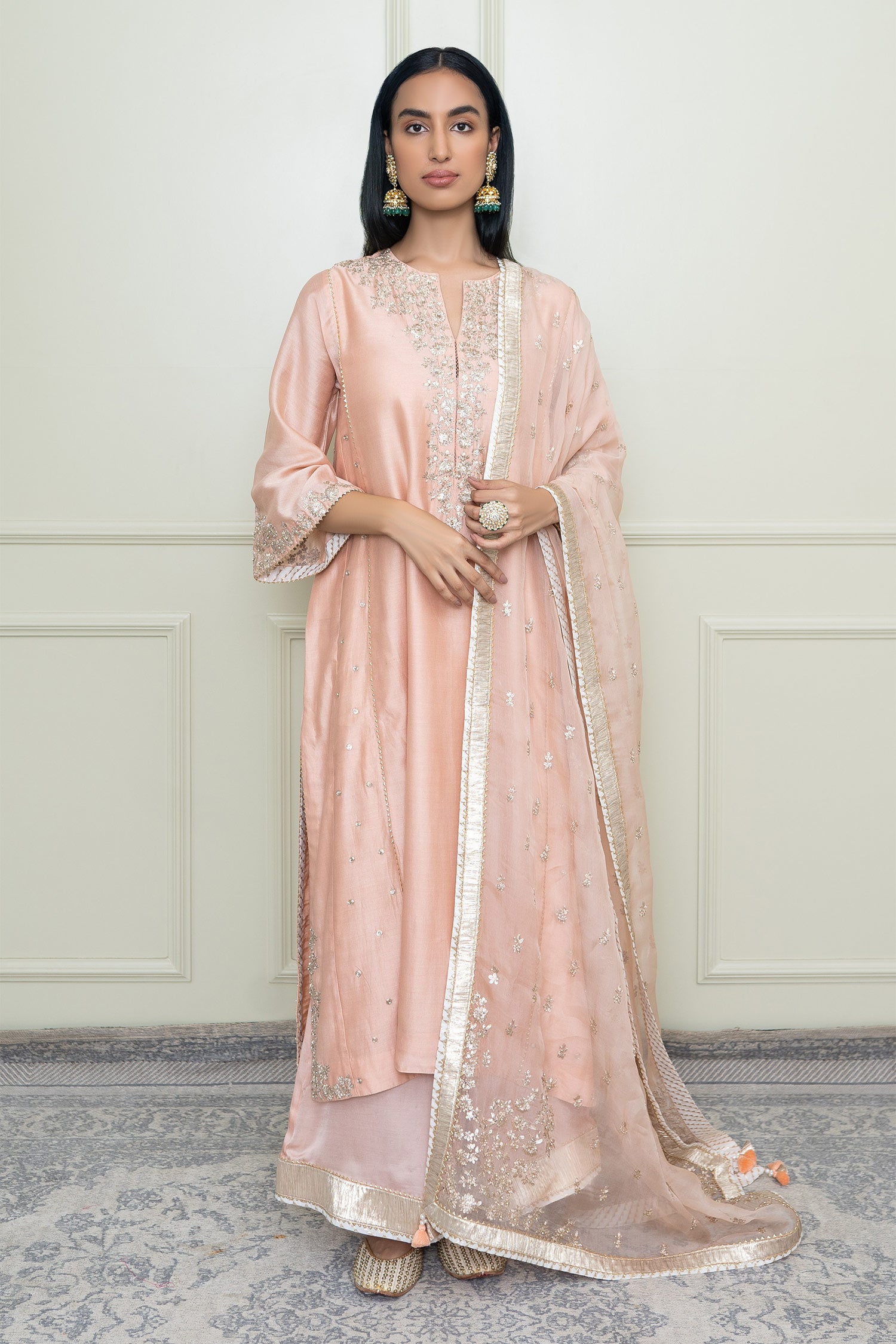Buy Pink Silk Chanderi Embroidery Notched Choga Kurta Set For Women by Sheetal Batra Online at ...
