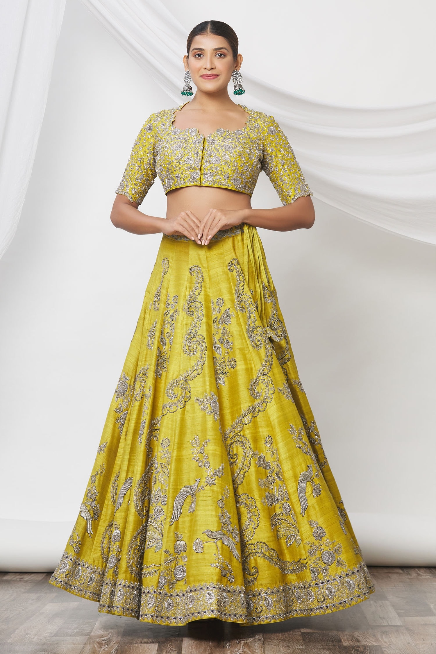 Buy Yellow Embroidered Floral Leaf Neck Lehenga Set For Women by ...