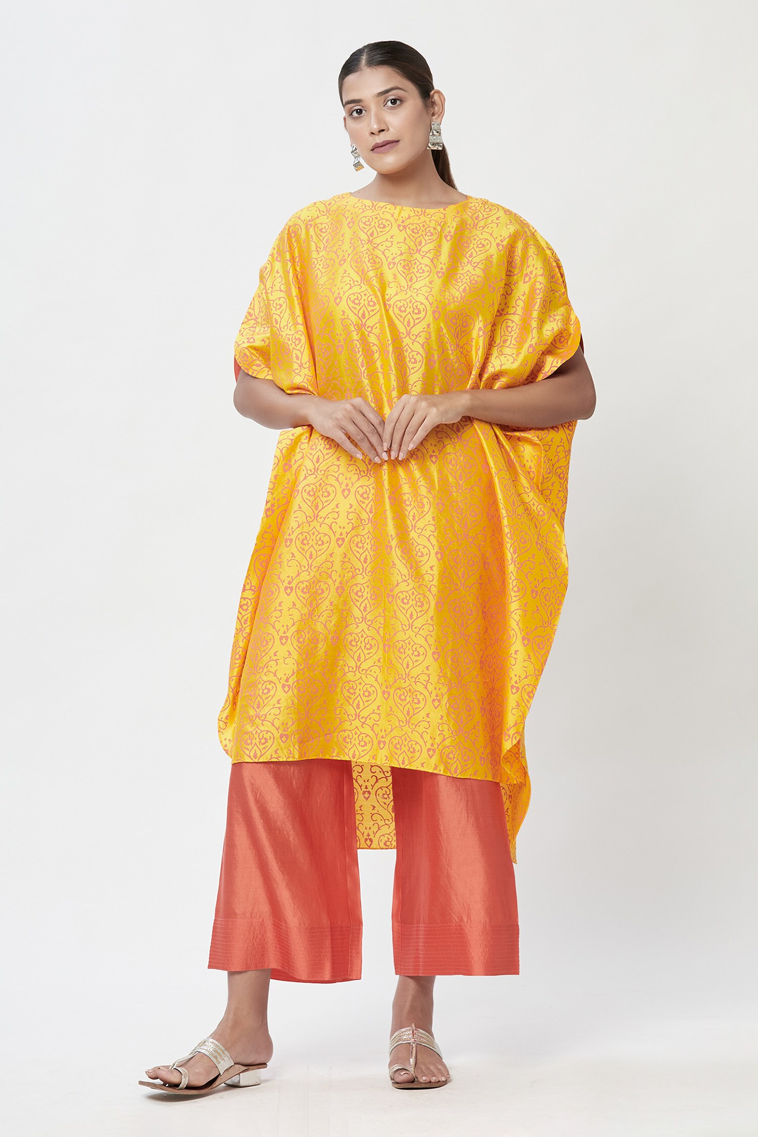 Buy Yellow Printed U Neck Kaftan And Pant Set For Women by Rachana Ved ...