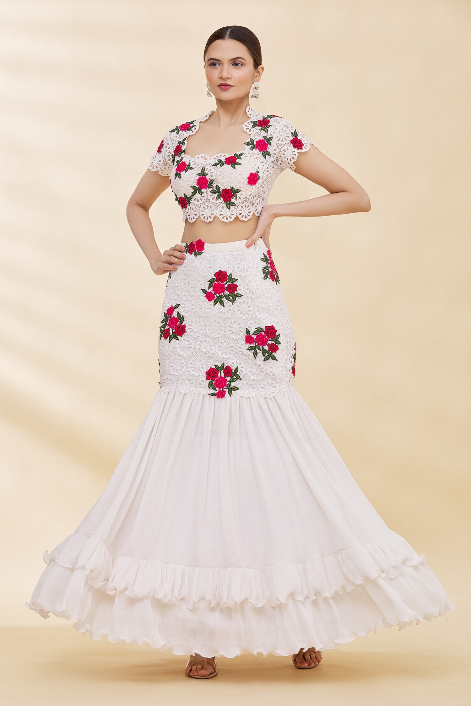 Buy Surily G White Floral Applique Tiered Lehnga Online | Aza Fashions