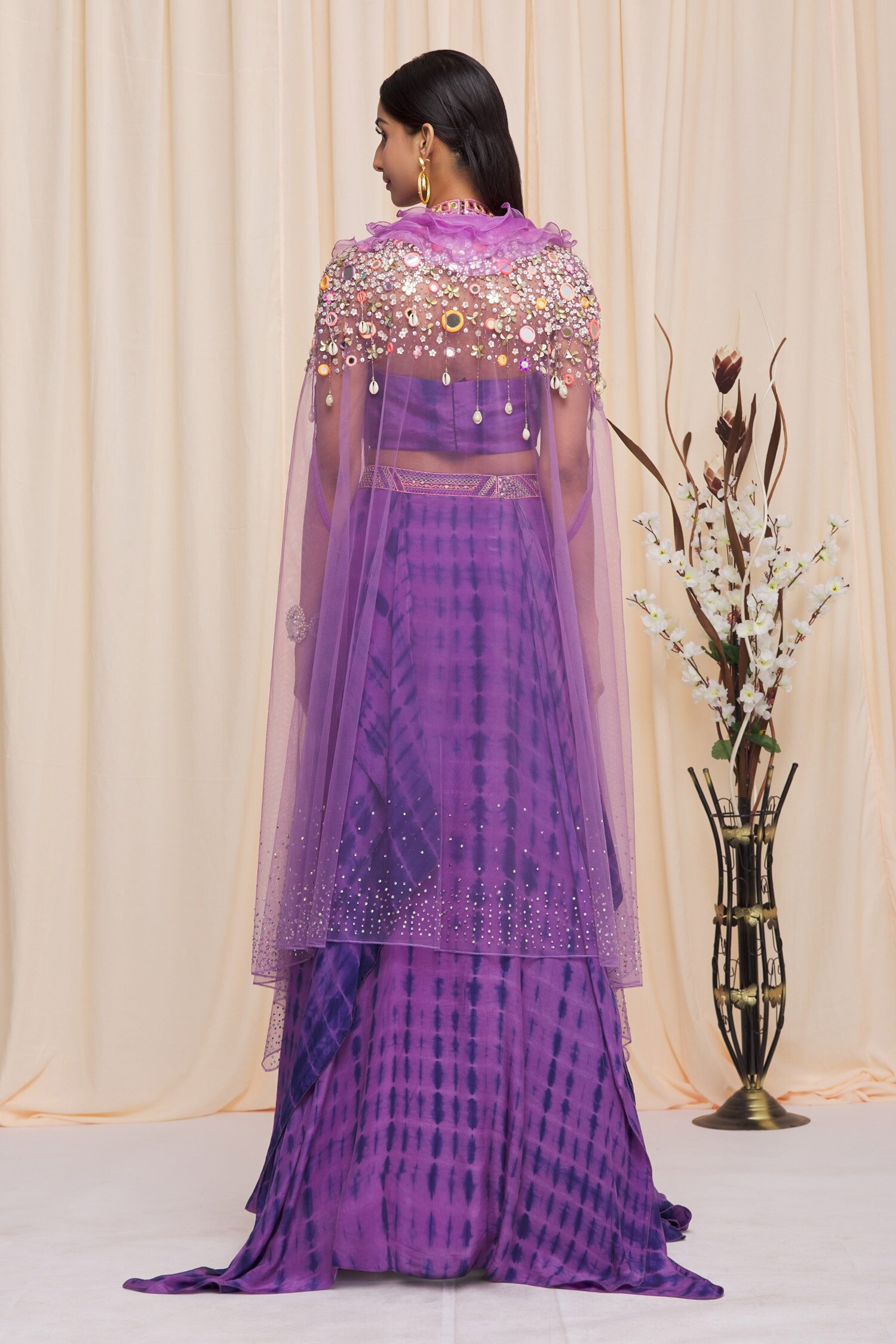 Buy Yoshita Couture Purple Crepe Mariana Tie Dye Lehenga Set With Cape ...