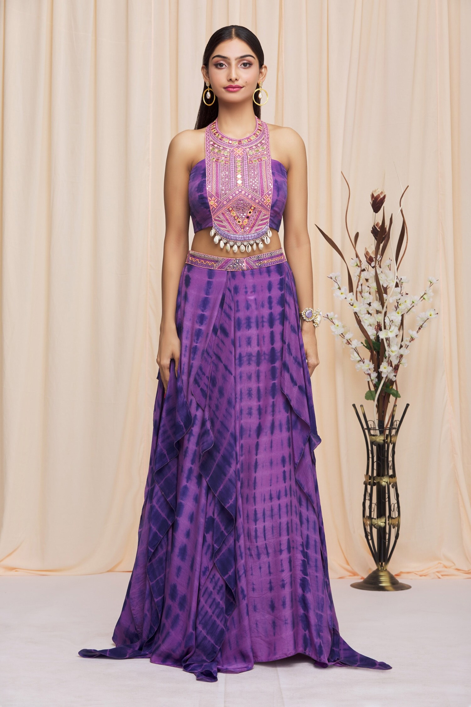 Buy Yoshita Couture Purple Crepe Mariana Tie Dye Lehenga Set With Cape ...