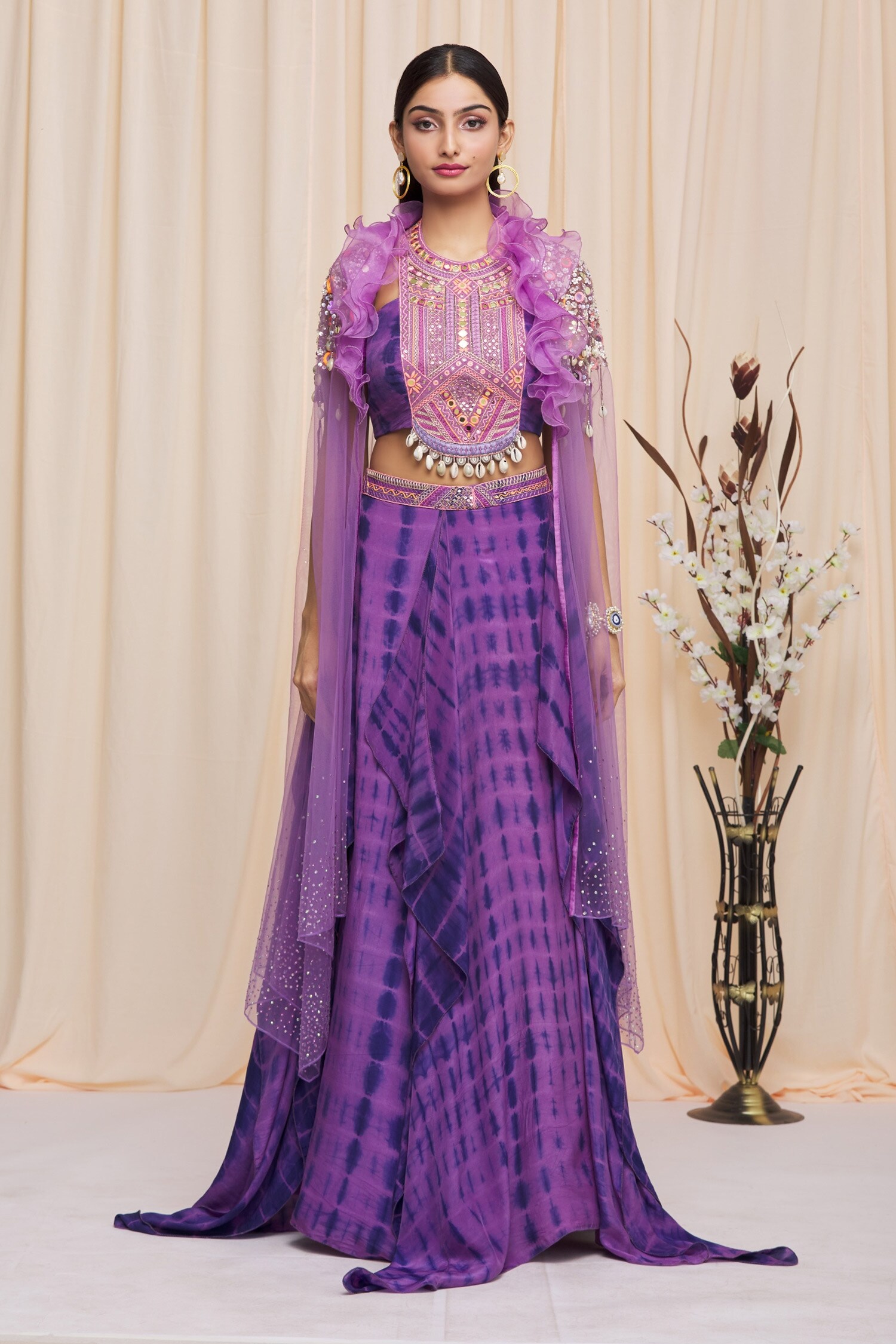 Buy Yoshita Couture Purple Crepe Mariana Tie Dye Lehenga Set With Cape ...