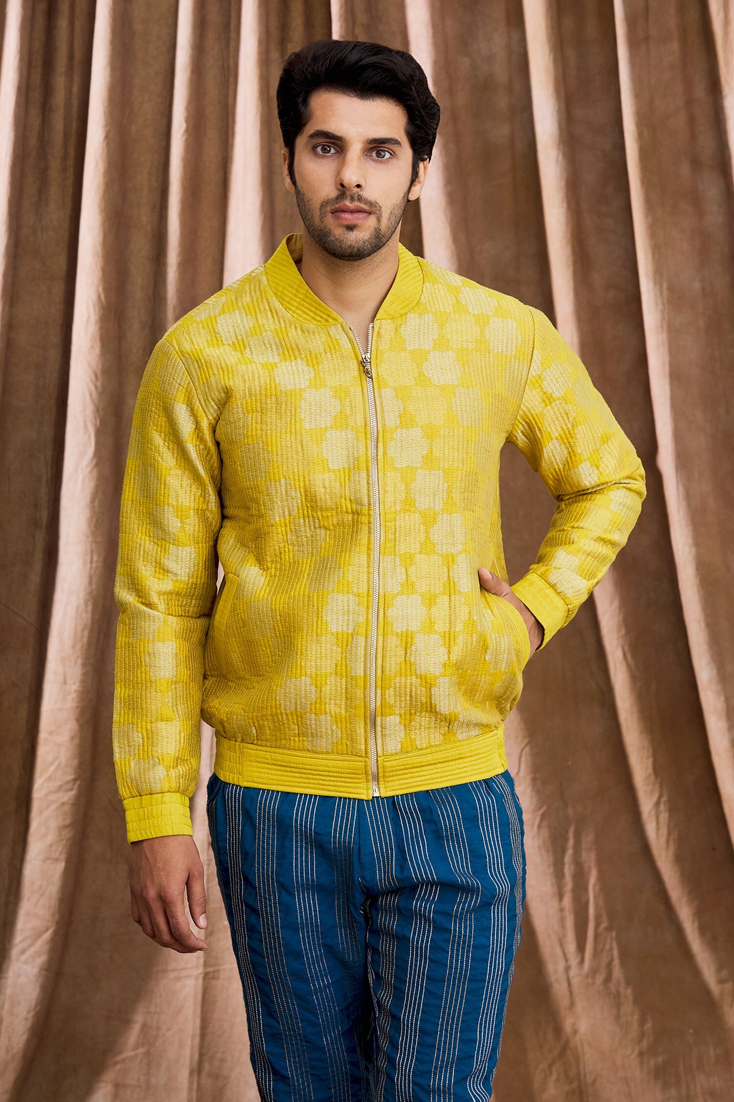 Buy Rar Studio Yellow Handloom Chanderi Floral Embroidered Bomber ...