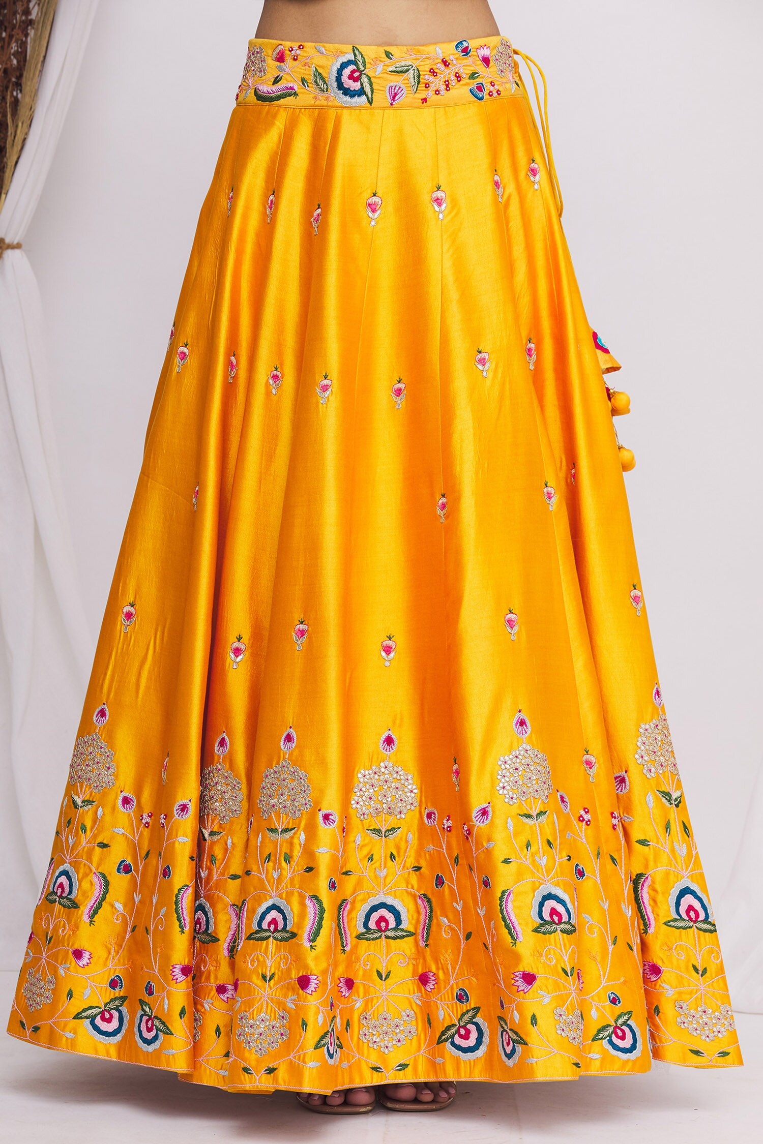 Buy Surbhi Shah Yellow Spun Silk Floral Embroidered Lehenga Set Online