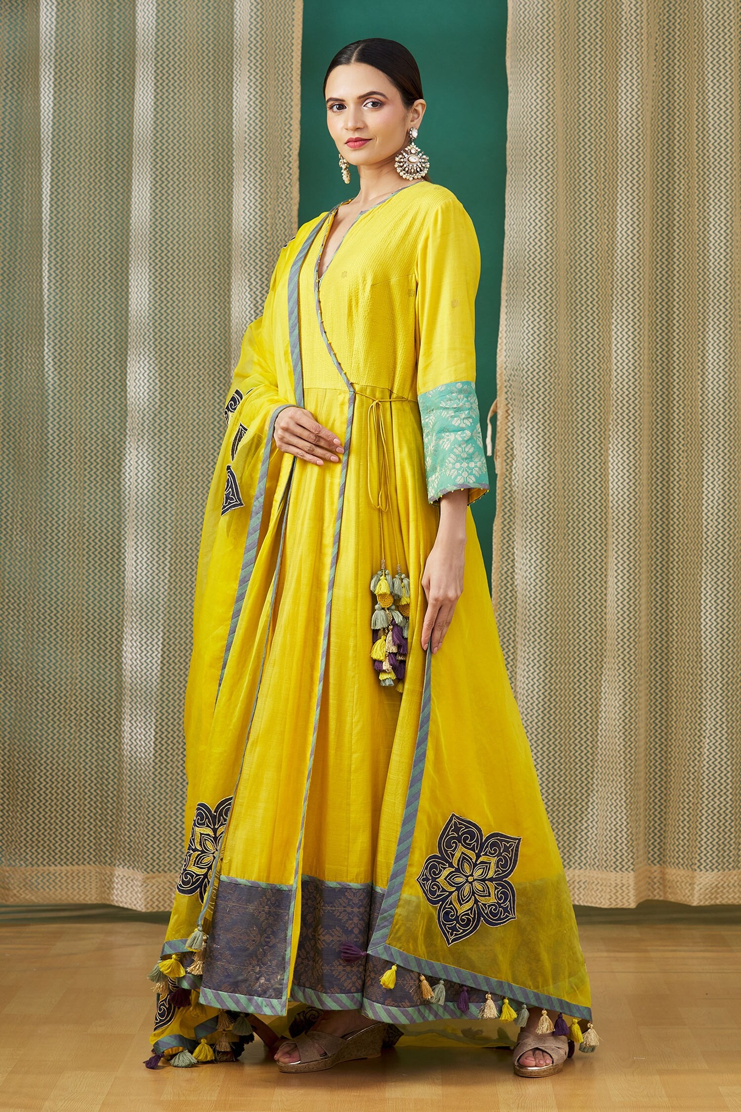 Buy Rar Studio Yellow Chanderi Angarkha Kurta Set Online | Aza Fashions