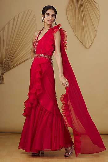 Buy Red Embroidered Floral Motifs U Neck Ruffle Draped Lehenga Saree ...