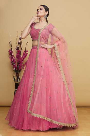 Buy Keerthi Kadire Peach Tiered Lehenga Set Online | Aza Fashions