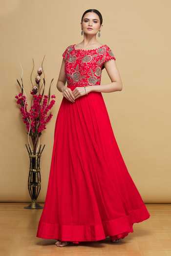 Buy Keerthi Kadire Red Cutwork Neck Gown Online | Aza Fashions