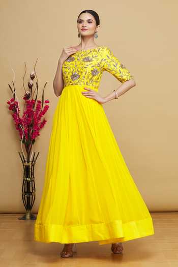 Buy Keerthi Kadire Yellow Cutwork Neck Gown Online | Aza Fashions