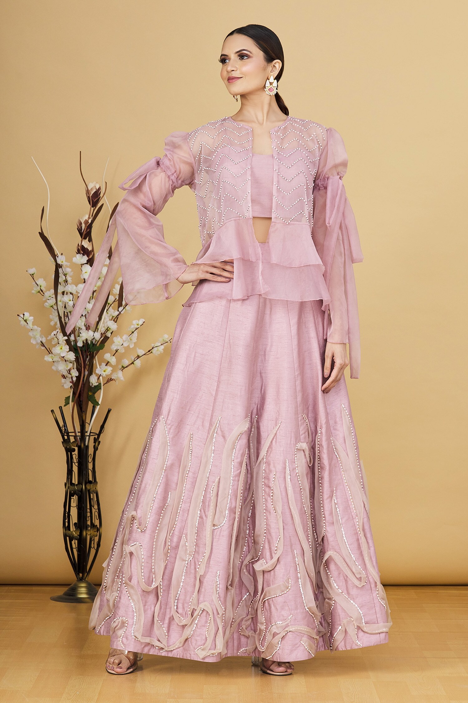 Buy Purple Embroidered Scoop Neck Lehenga Set With Layered Jacket For ...