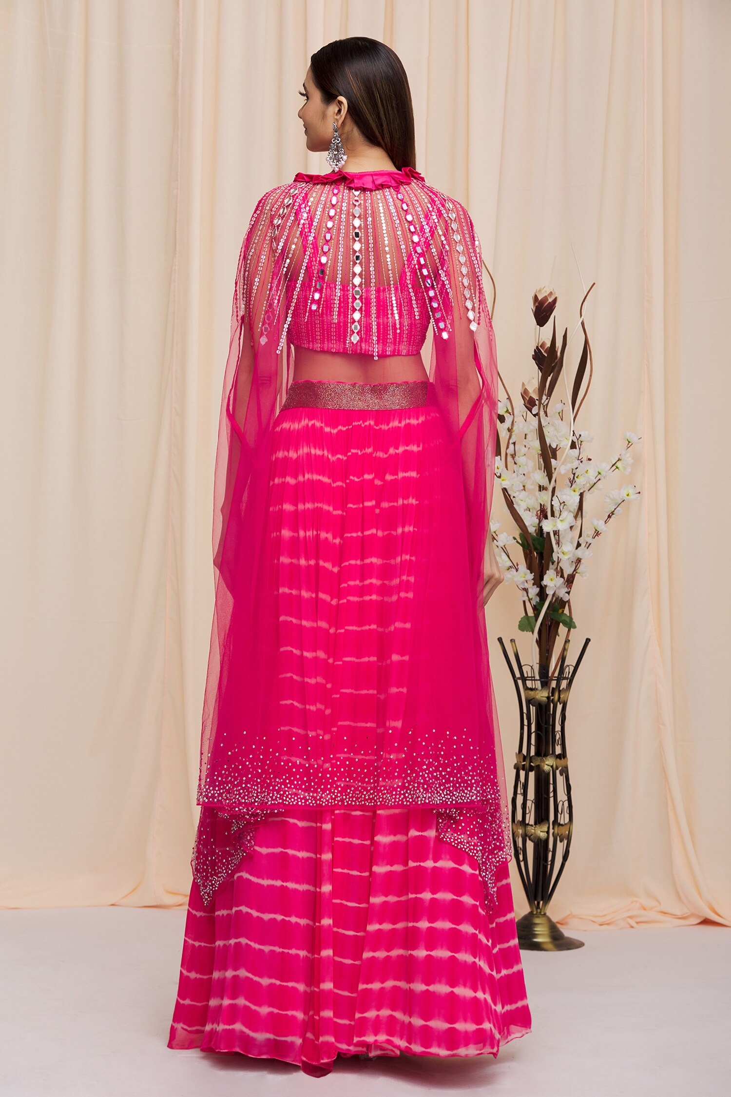 Buy Yoshita Couture Pink Georgette Manya Tie Dye Lehenga Set With Cape ...