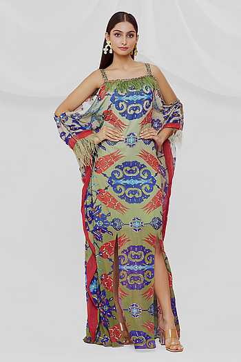 Buy Green Georgette Embellished Floral Square Pattern Cutout Sleeve ...