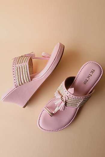 Buy Pink Plain Kolhapuri Platform Wedges by Tic Tac Toe Footwear Online ...