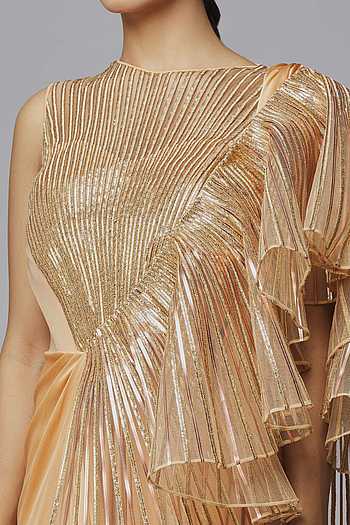 Buy Amit Aggarwal Gold Chiffon Striped Ruffle Dress Online | Aza Fashions