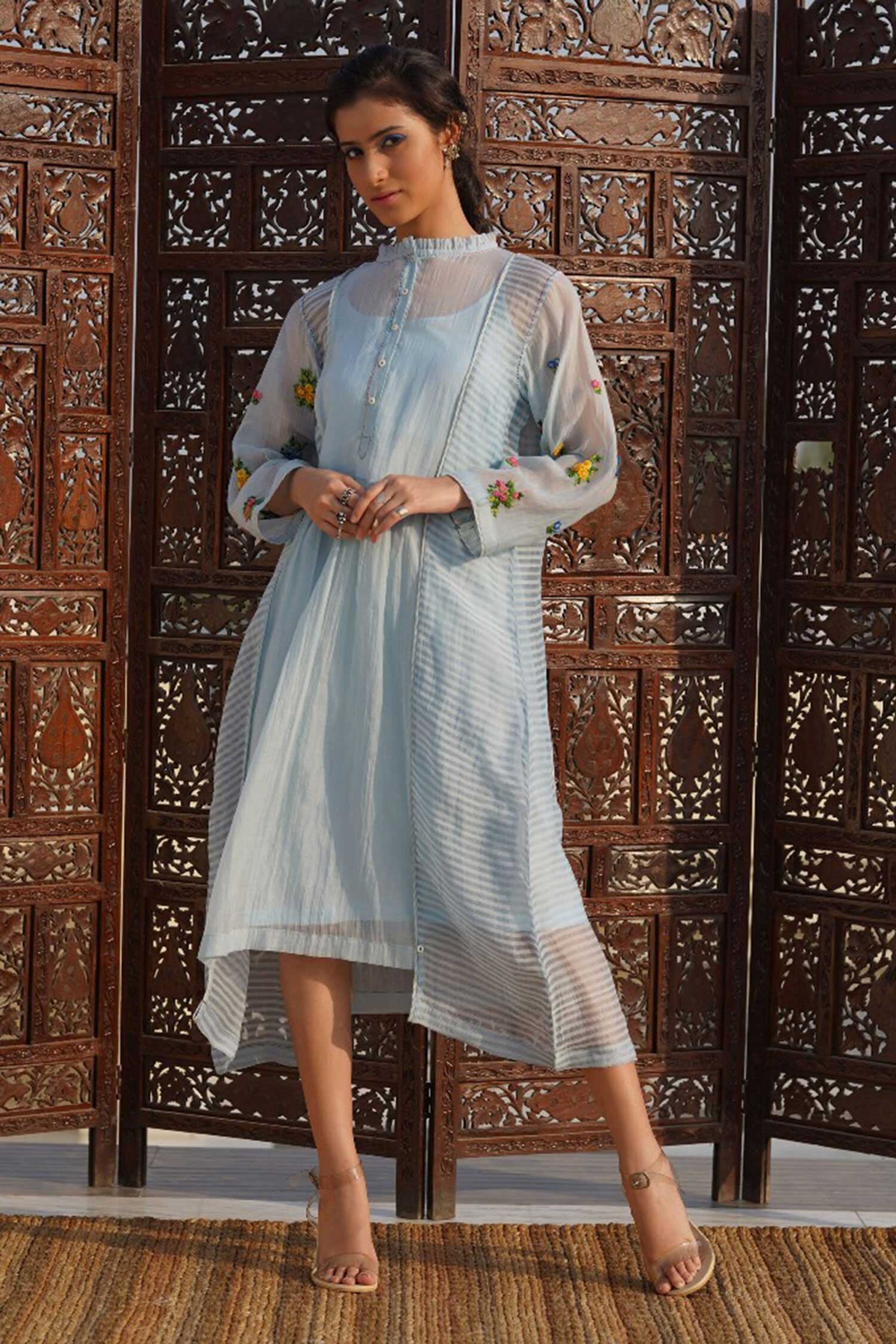 Buy Dhaari Blue Embroidered Cotton Silk Dress Online | Aza Fashions