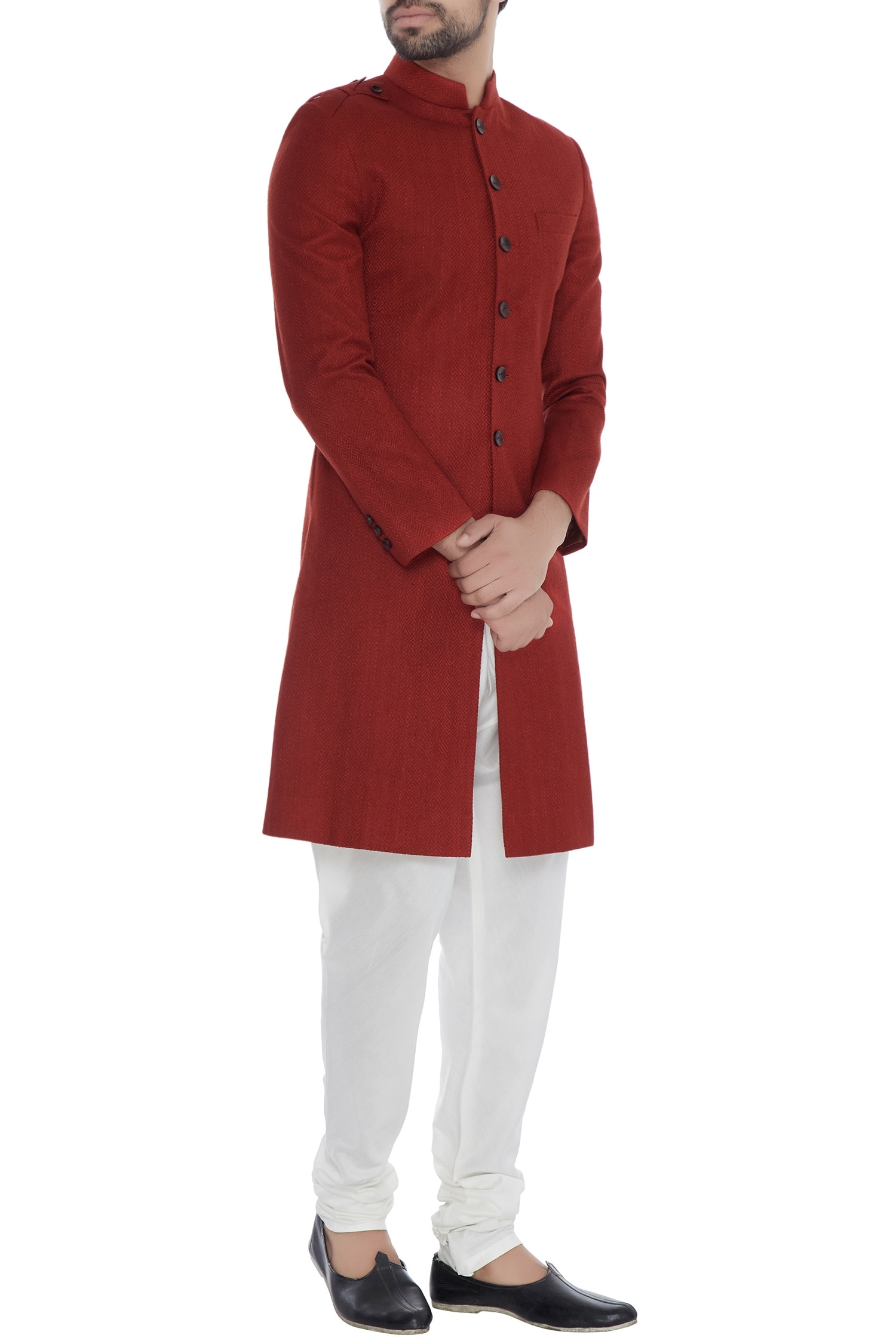 Buy Khanijo Red Solid Handloom Silk Achkan Online | Aza Fashions