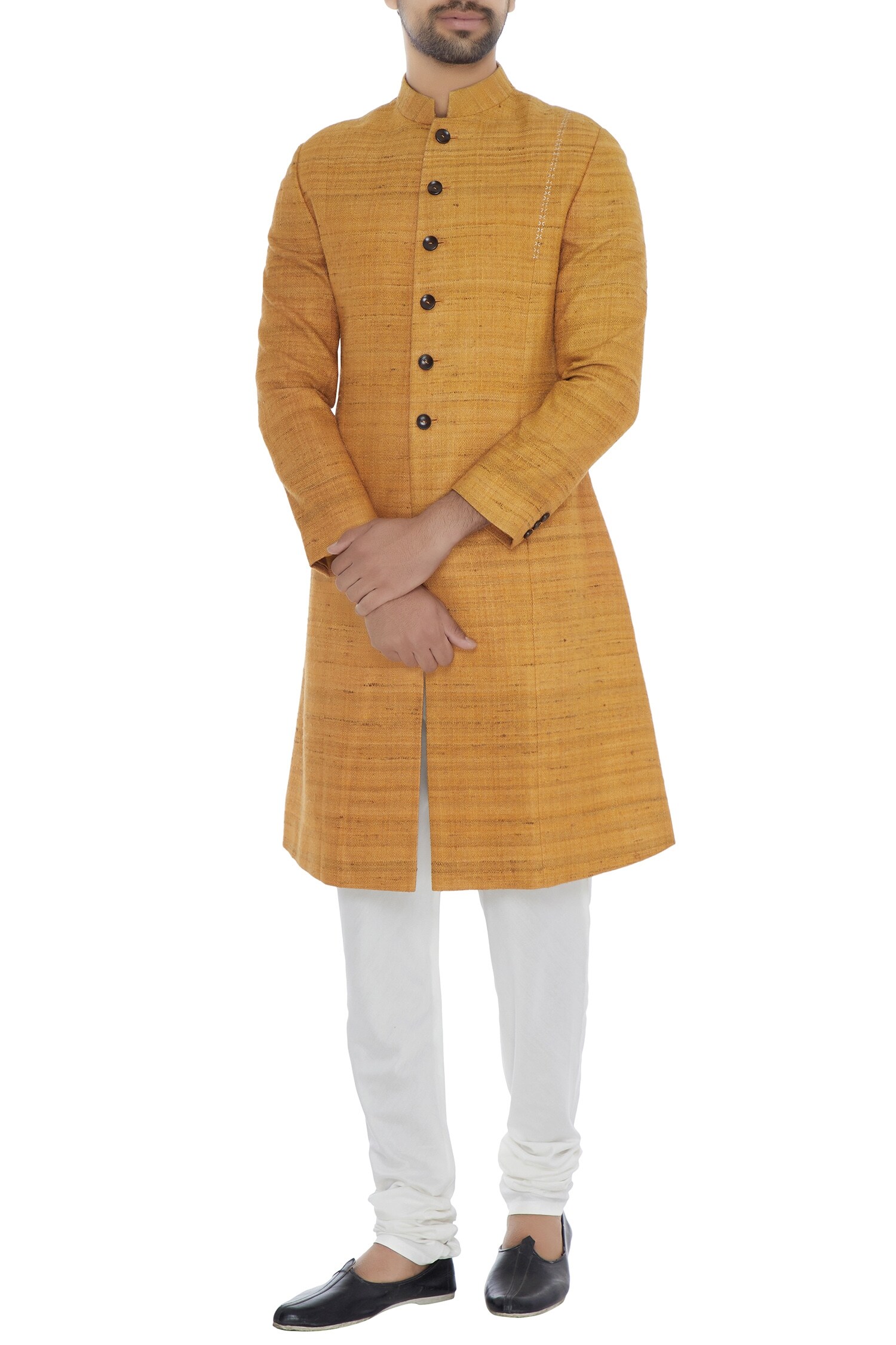 Buy Yellow Mango Textured Handloom Silk Achkan For Men by Khanijo ...