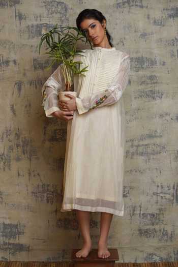 Buy Dhaari White Embroidered Cotton Silk Dress Online | Aza Fashions