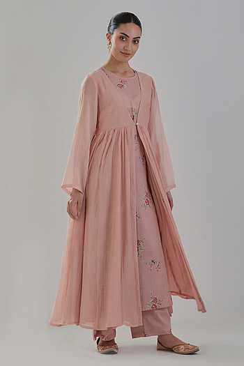 Buy Pink Handwoven Chanderi Printed Floral Round Front-open Anarkali ...
