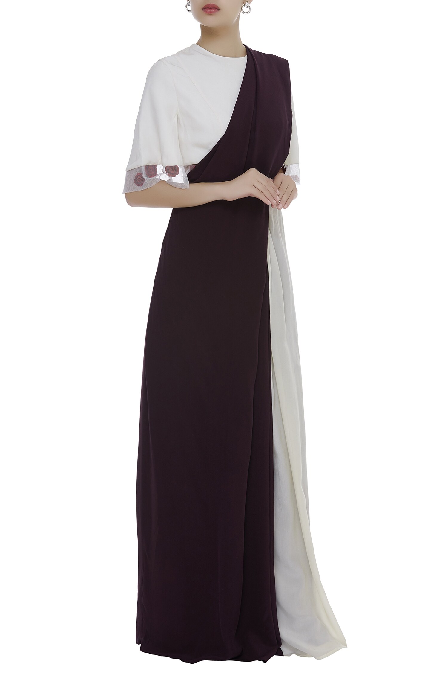 Buy Huemn White Colorblock Drape Trouser Saree Online | Aza Fashions